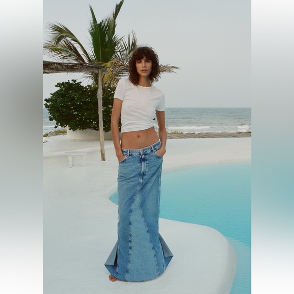 Zara | Skirts | Zara Contrasting Z975 Denim Midi Skirt Midblue Color ...